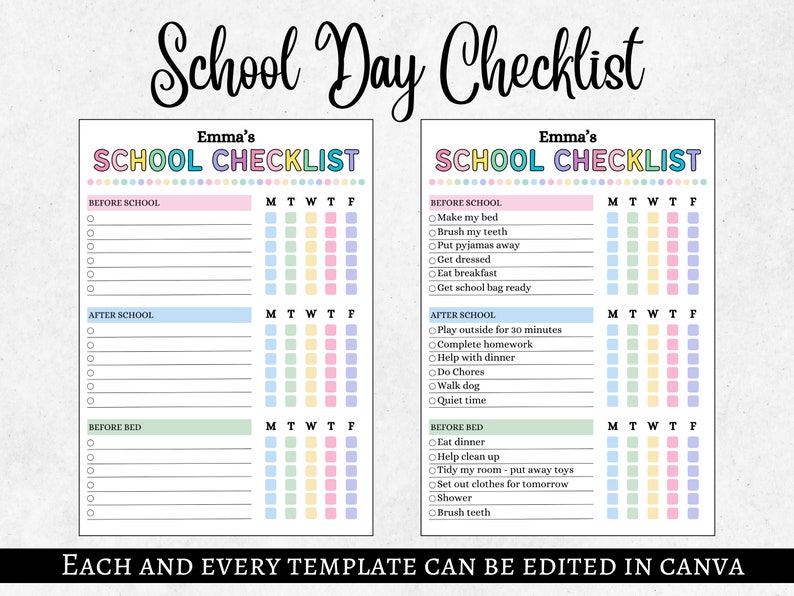 Canva Editable Schoolday Checklist for Kids | Printable | Chore Chart ...