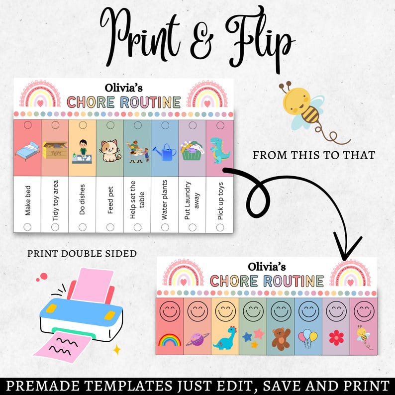 Kids Boho Flip Routine Chart Editable Printable, Morning Evening ...