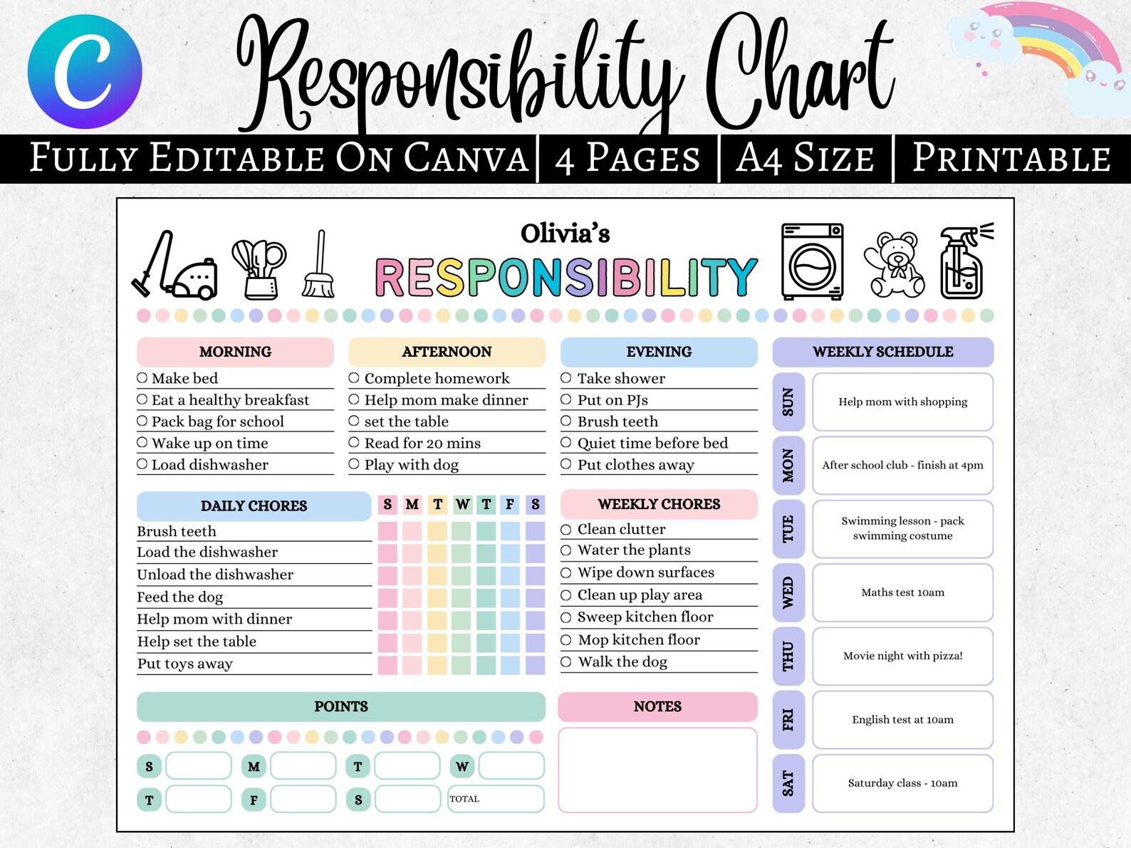 Editable Responsibility Chore Chart for Kids | Printable | Kids Daily ...