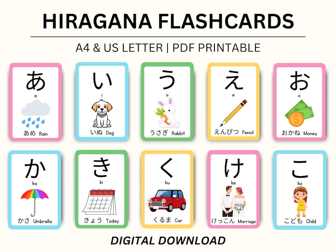Japanese Hiragana Flashcards, Hiragana Printable Flashcards, Japanese ...