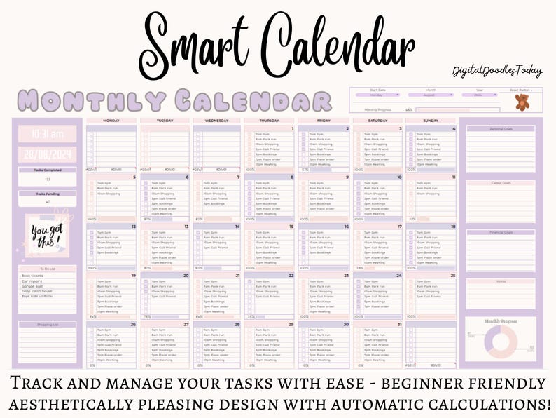 Digital Smart Calendar for Google Sheets, Task Tracker Spreadsheet ...