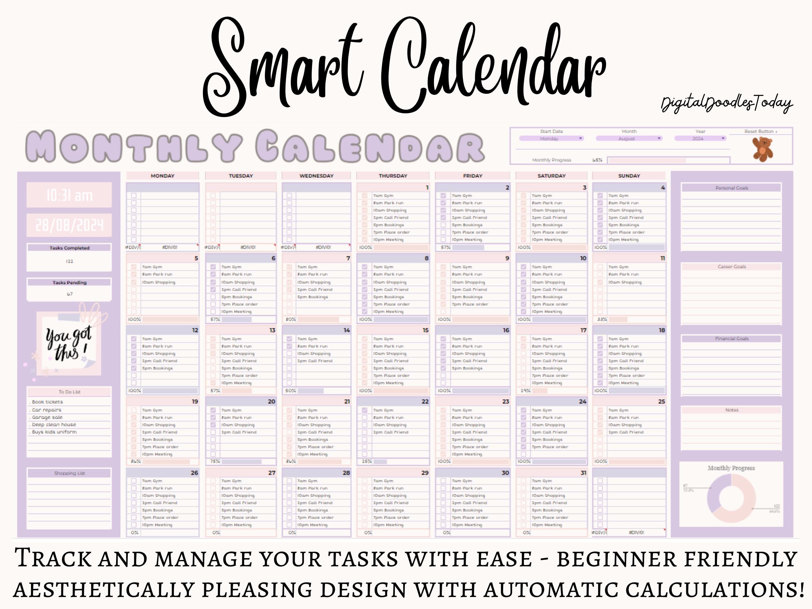 Digital Smart Calendar for Google Sheets, Task Tracker Spreadsheet ...