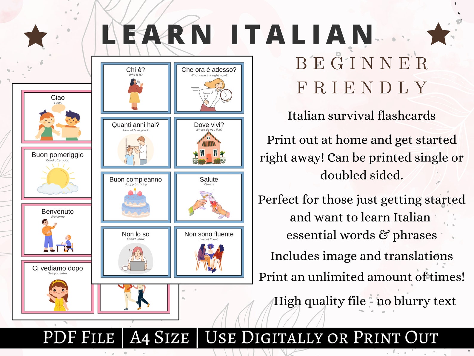 Italian Flashcards for Beginners, Italian Printable Flashcards, Italian ...