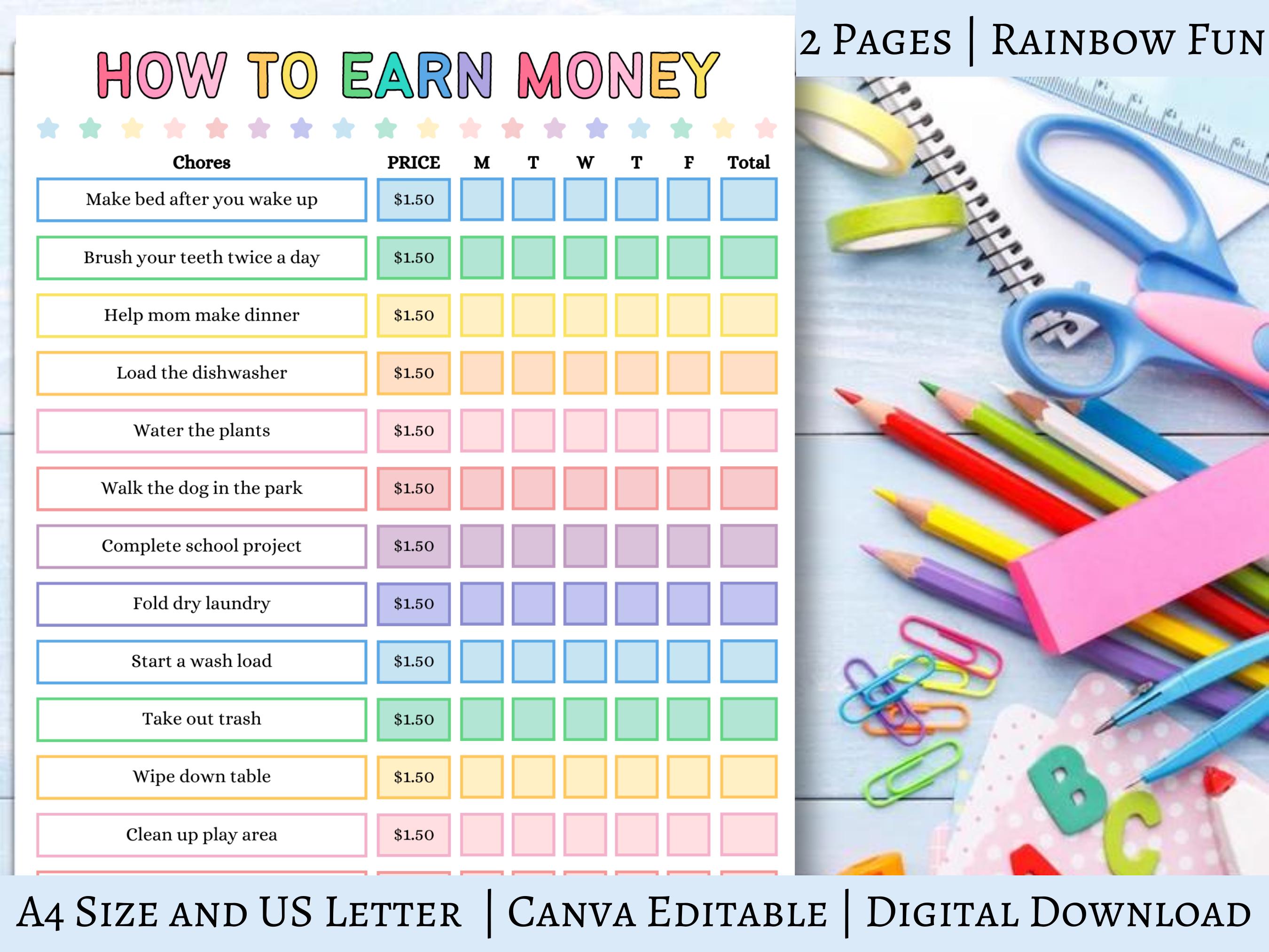 How to Earn Money Chore Chart | Editable Allowance Chore Chart for Kids ...