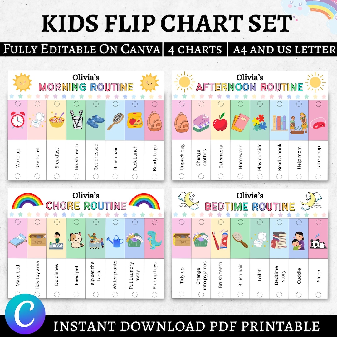 Kids Flip Routine Chart Editable Printable, Morning Evening Bedtime ...