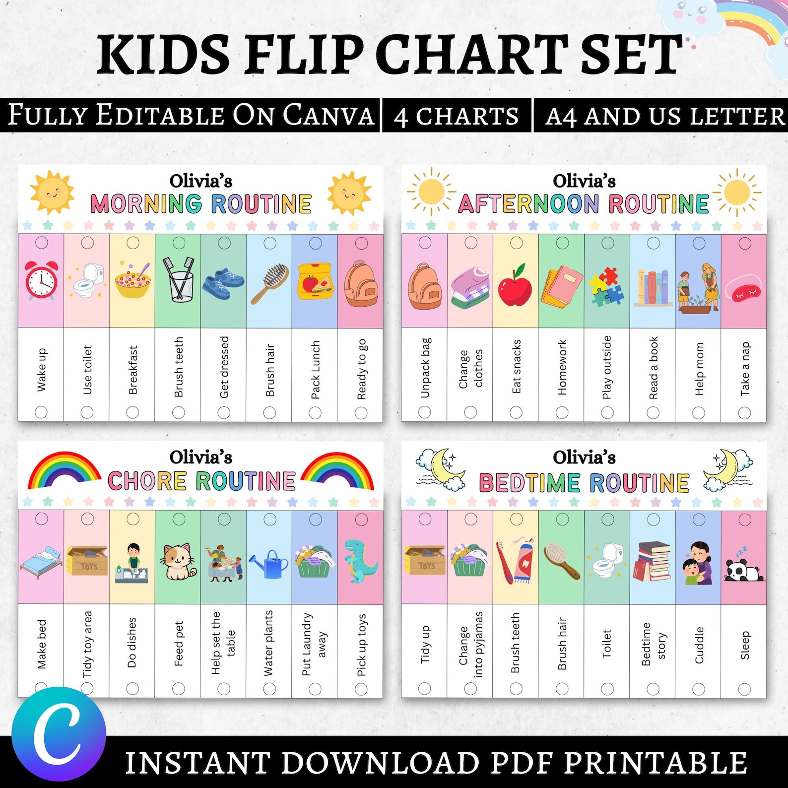 Kids Flip Routine Chart Editable Printable, Morning Evening Bedtime ...