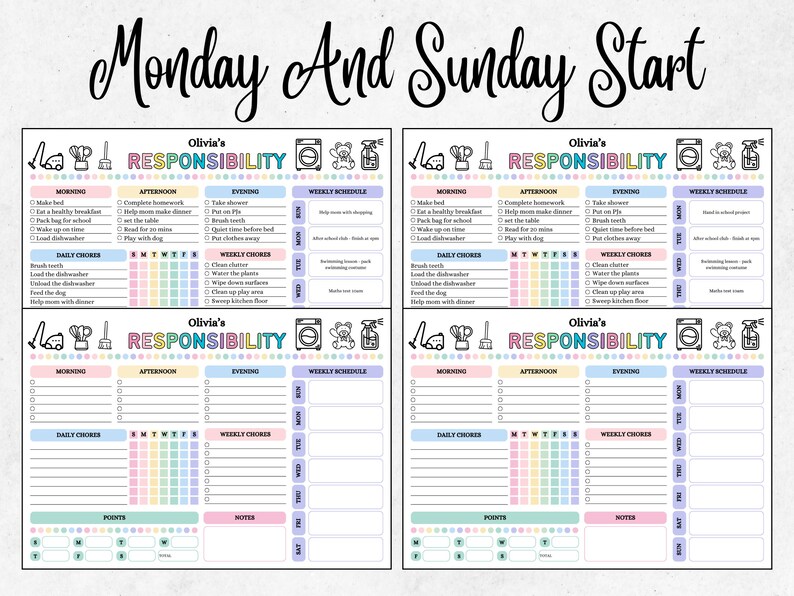 Editable Responsibility Chore Chart for Kids, Printable, Kids Daily ...