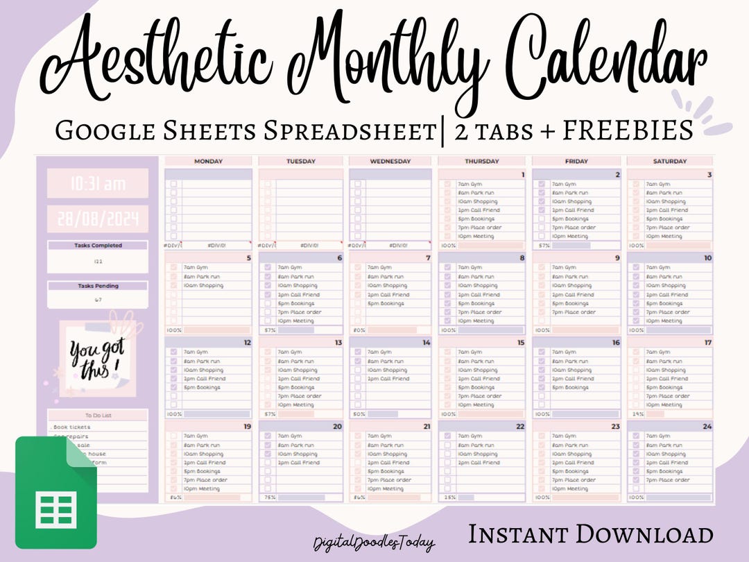 Digital Smart Calendar for Google Sheets, Task Tracker Spreadsheet ...