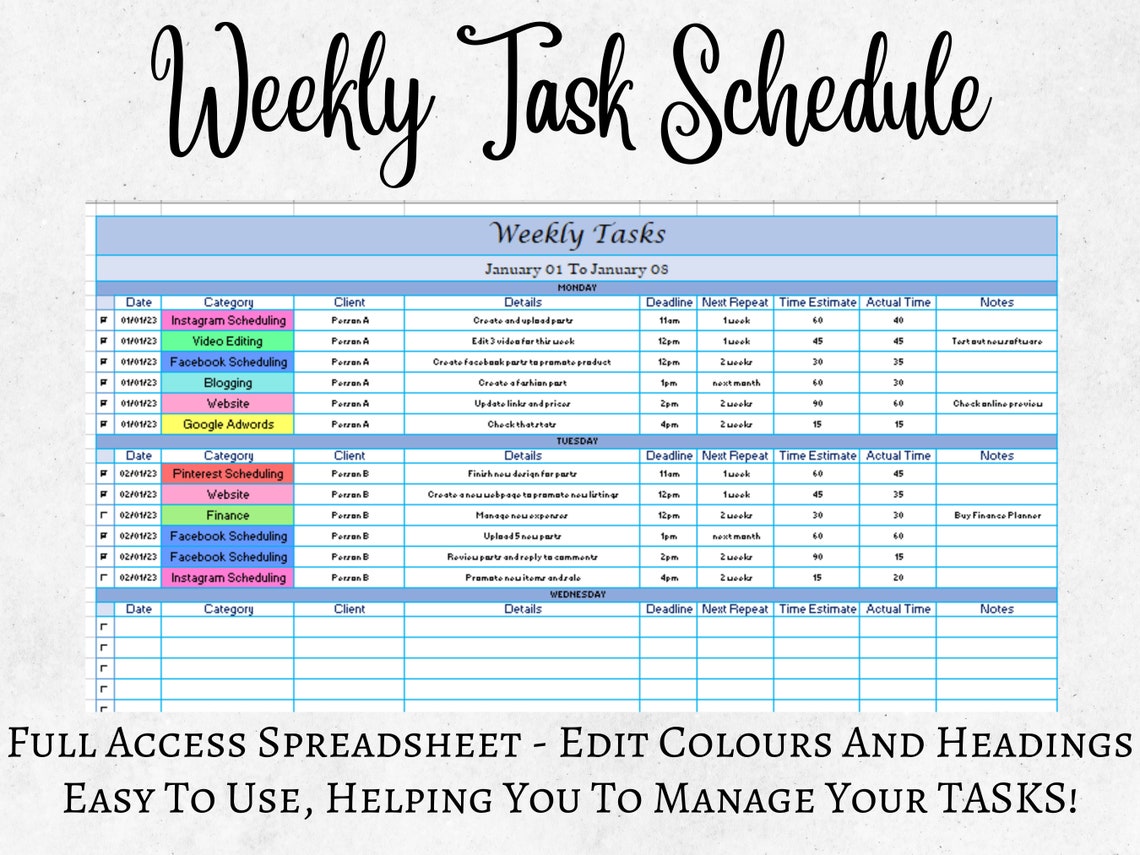 Virtual Assistant Organiser Weekly Excel Spreadsheet Work Hours Tracker ...