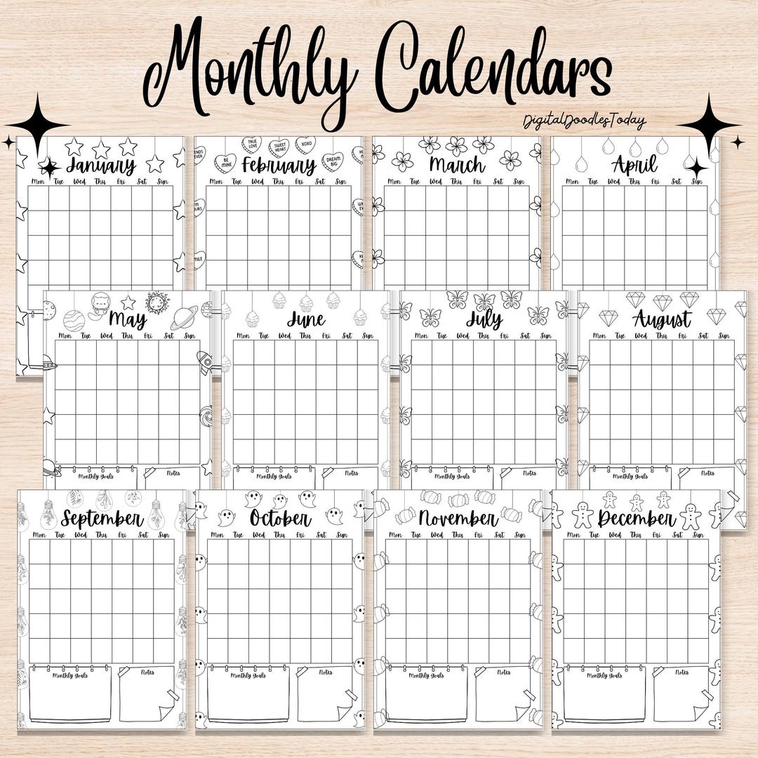 12 Month Calendar, Journal Calendar Template, Monthly Planner ...