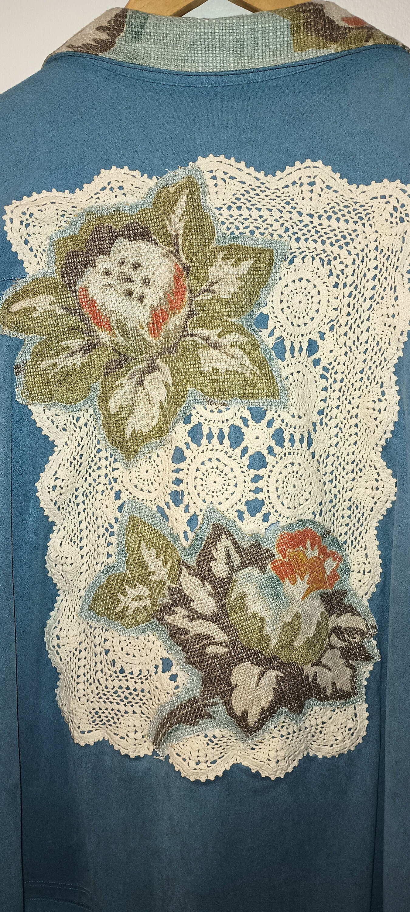 Chico's Upcycled Floral Lace Patchwork Applique Blue Long Sleeve Shirt ...