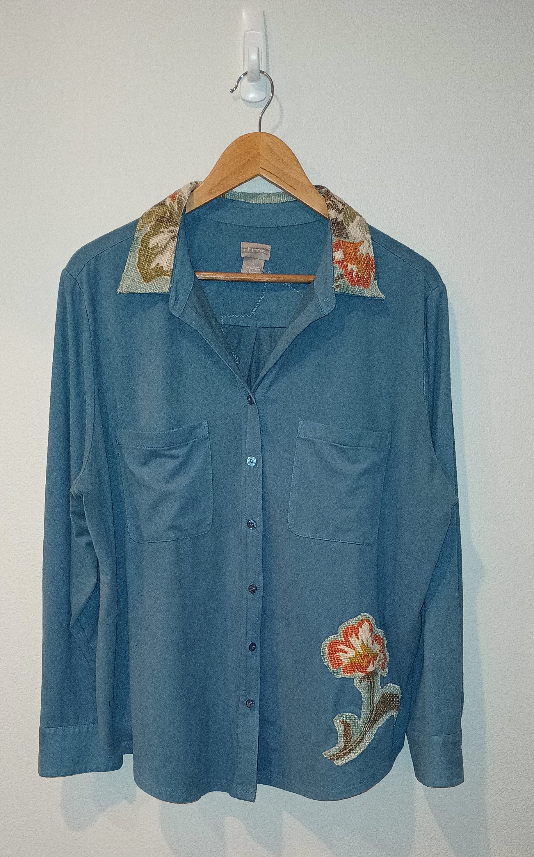 Chico's Upcycled Floral Lace Patchwork Applique Blue Long Sleeve Shirt ...