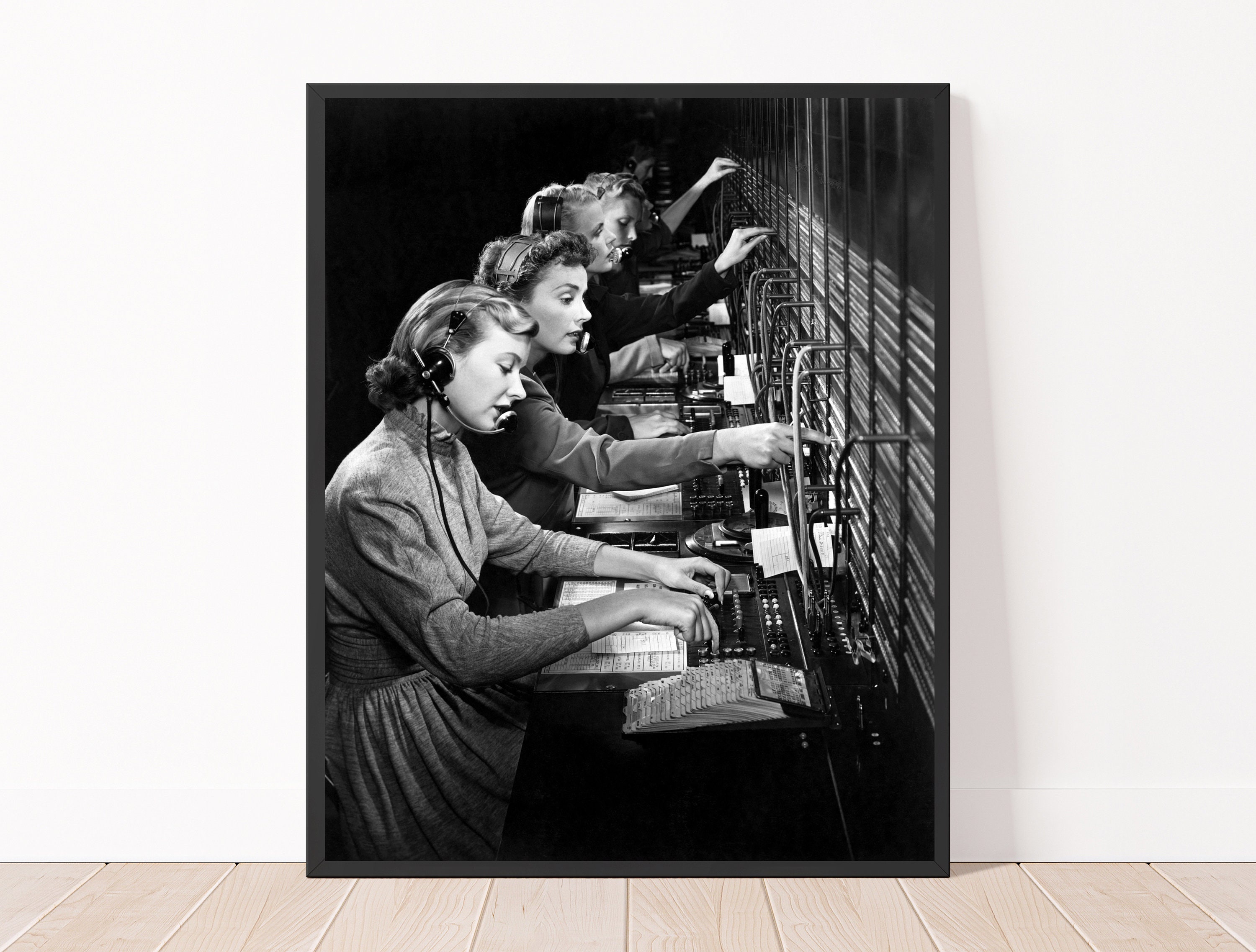 Black and White Vintage Historical Photo Female Telephone Switchboard ...