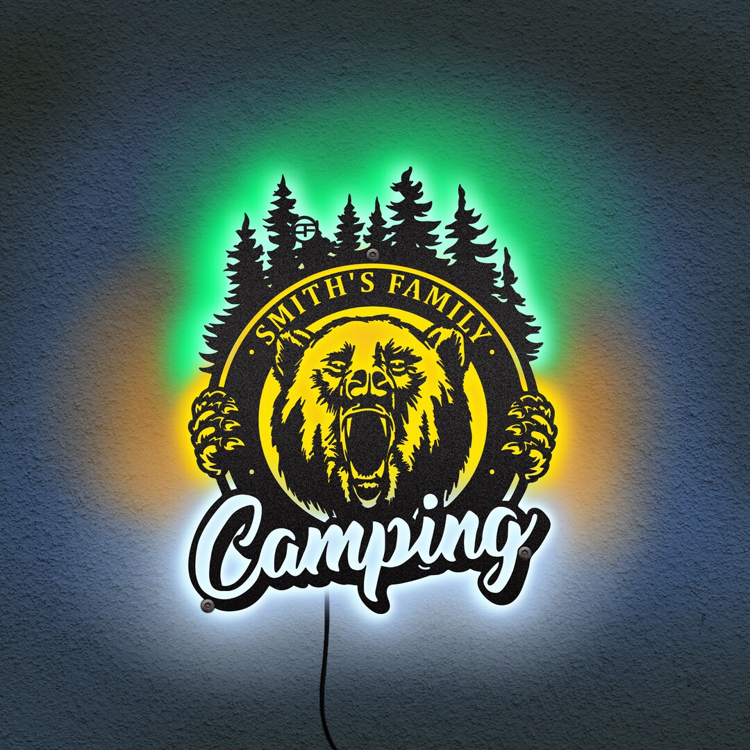 Camping Bear Warning Sign Mountain LED Neon Metal Sign Camper Decor ...