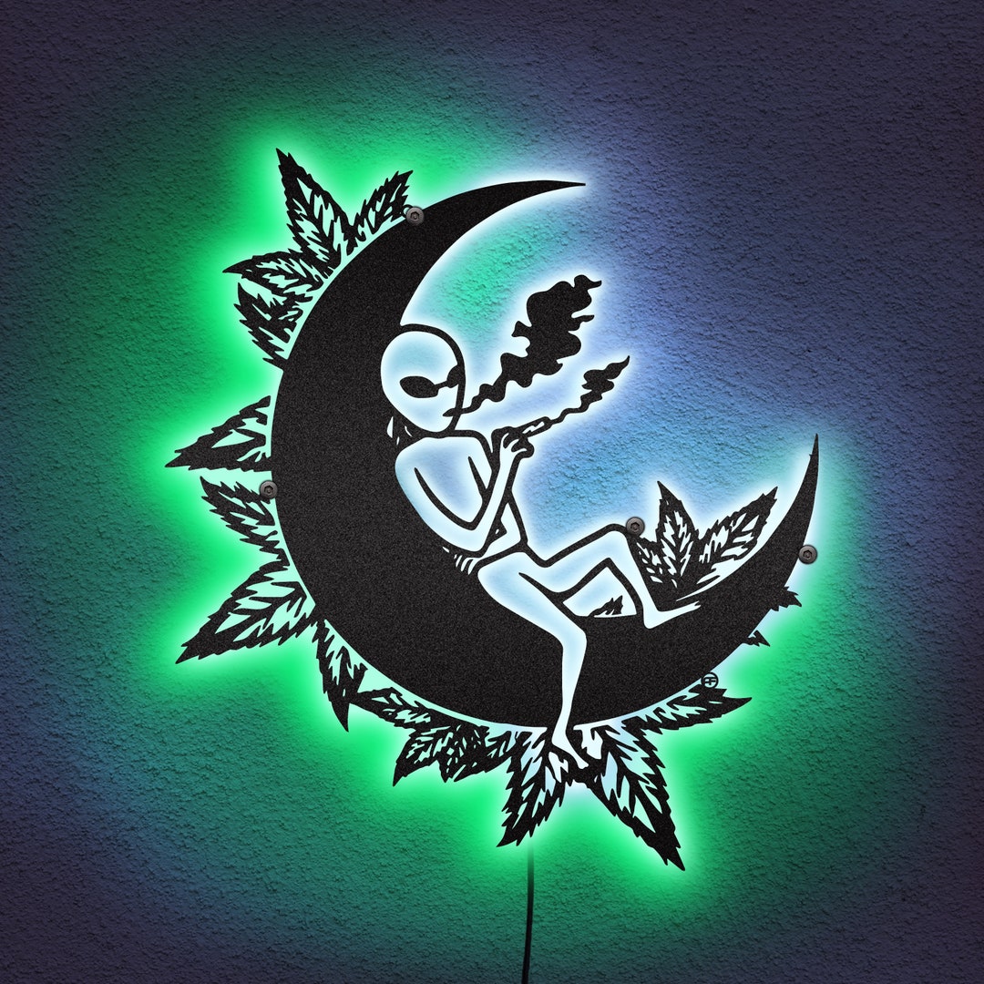 Alien Smoking Weed Neon Led Lights, Ailen on the Moon Led Lights Metal ...