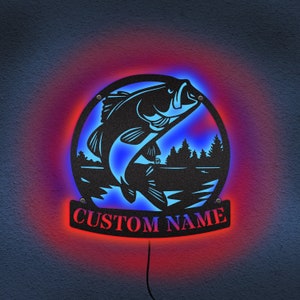 Custom Bass Fishing Sign, Personalized Fishing Neon LED Metal Wall Art ...