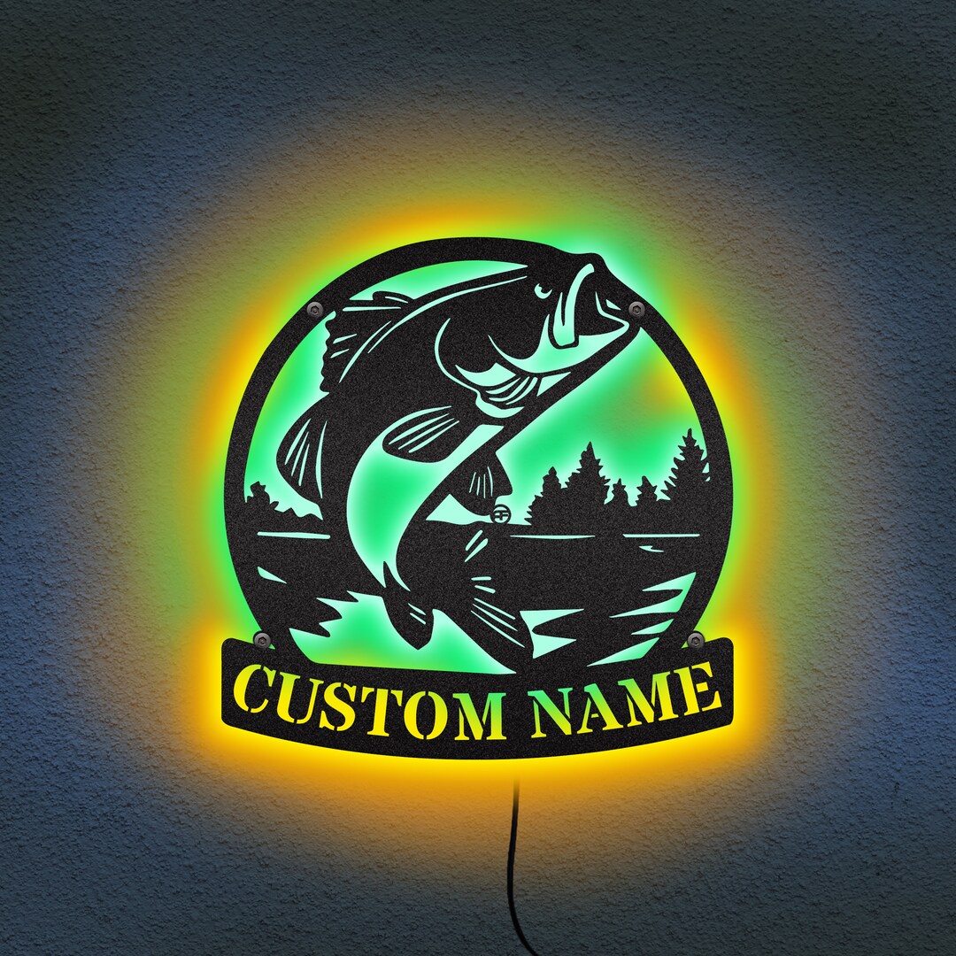 Custom Bass Fishing Sign, Personalized Fishing Neon LED Metal Wall Art ...