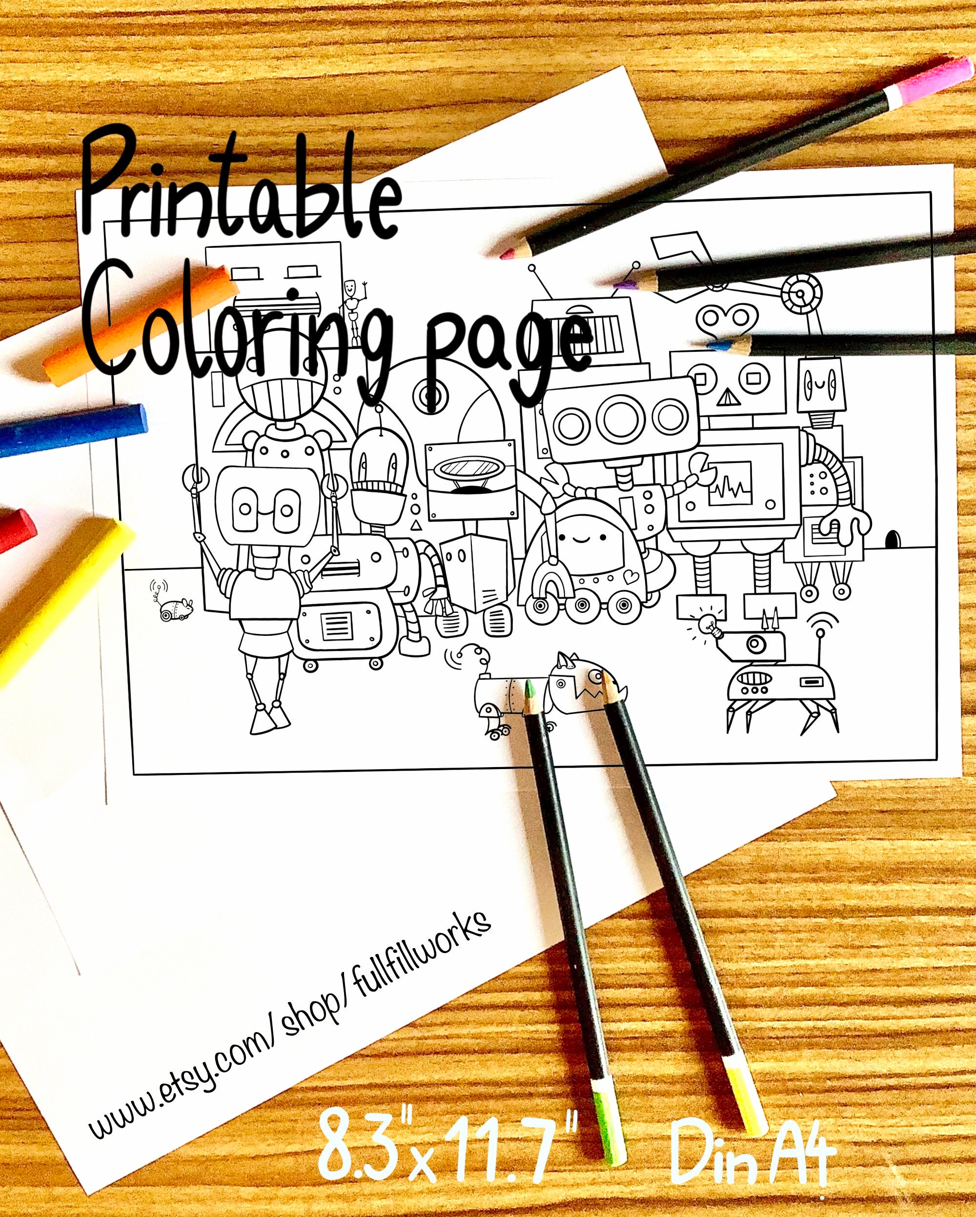 Digital Printable Coloring Page Cute Robot Family Kids Activity Instant ...