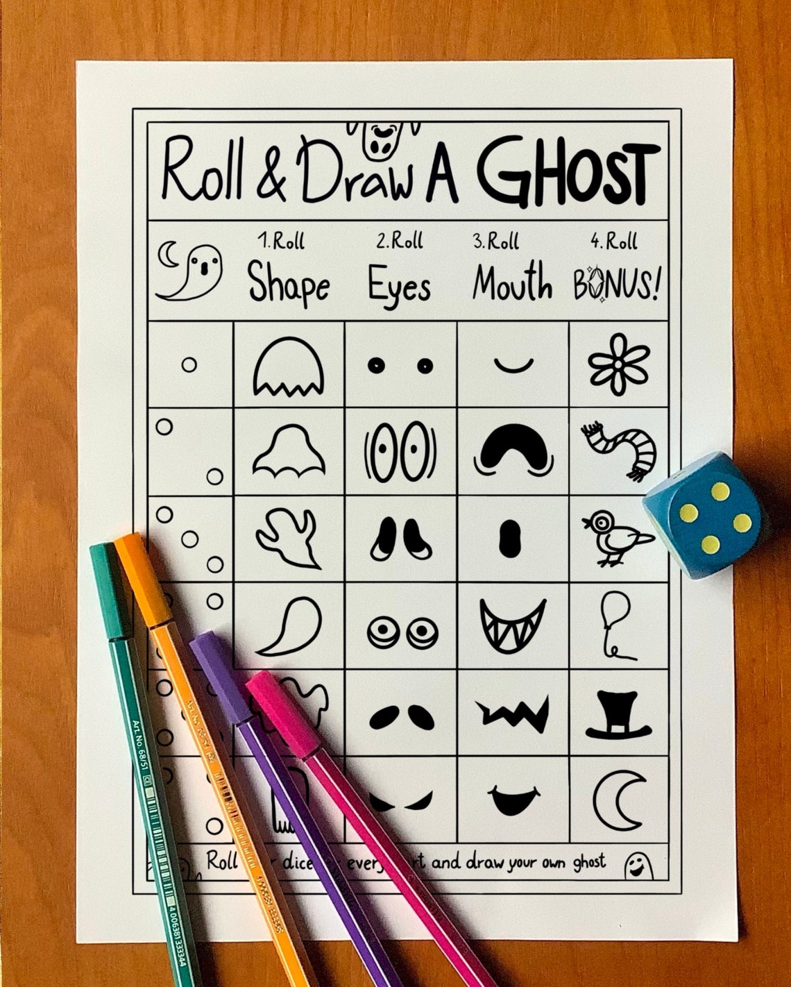 Digital PRINTABLE Kids Activity Sheet Roll and Draw Face Ghost | Etsy