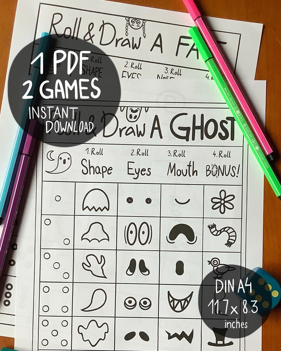Digital PRINTABLE Kids Activity Sheet Roll and Draw Face Ghost ...