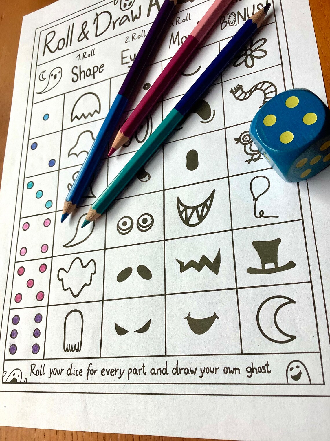 Digital PRINTABLE Kids Activity Sheet Roll and Draw Face Ghost ...
