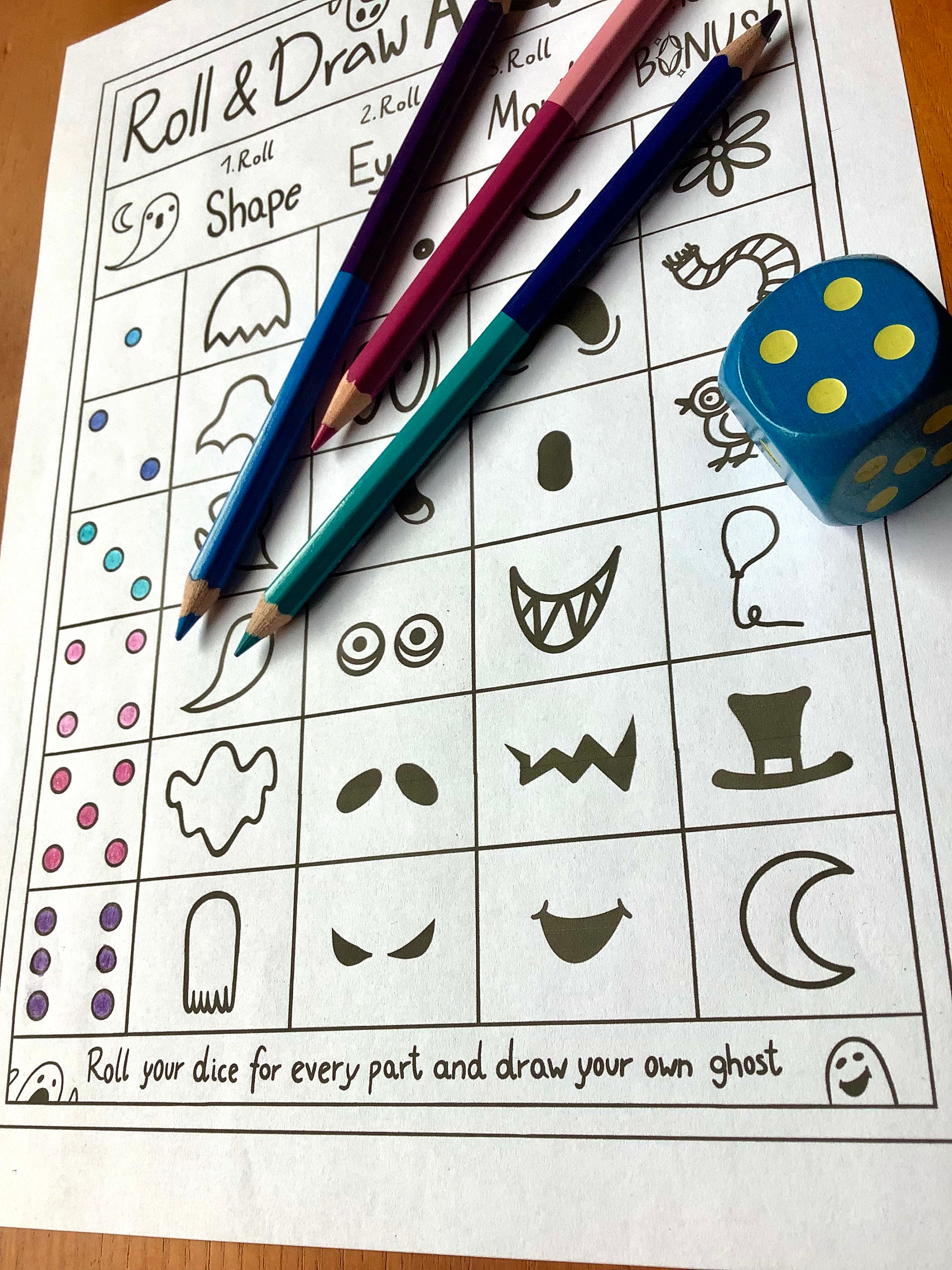 Digital PRINTABLE Kids Activity Sheet Roll and Draw Face Ghost ...