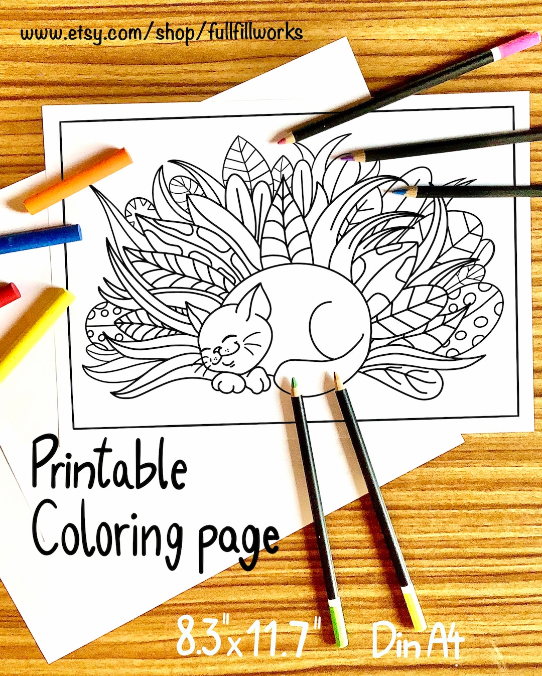 Digital Printable Coloring Page Sleeping Cat Sleepy Cute Adorable Kitty ...