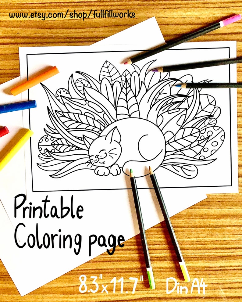 Printable Coloring Page Sleeping Cat Sleepy Cute Adorable Kitty Pet ...