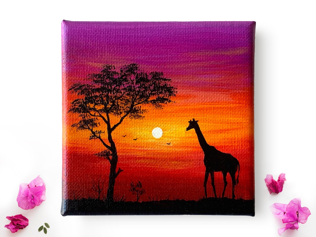 ORIGINAL Painting on Canvas, Sunset Wall Art, Mini Acrylic Painting ...
