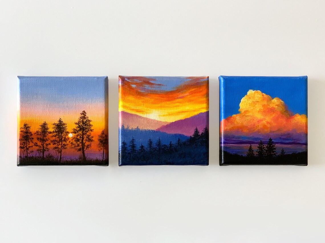 ORIGINAL Painting on Canvas, Sunset Wall Art, Mini Acrylic Painting ...