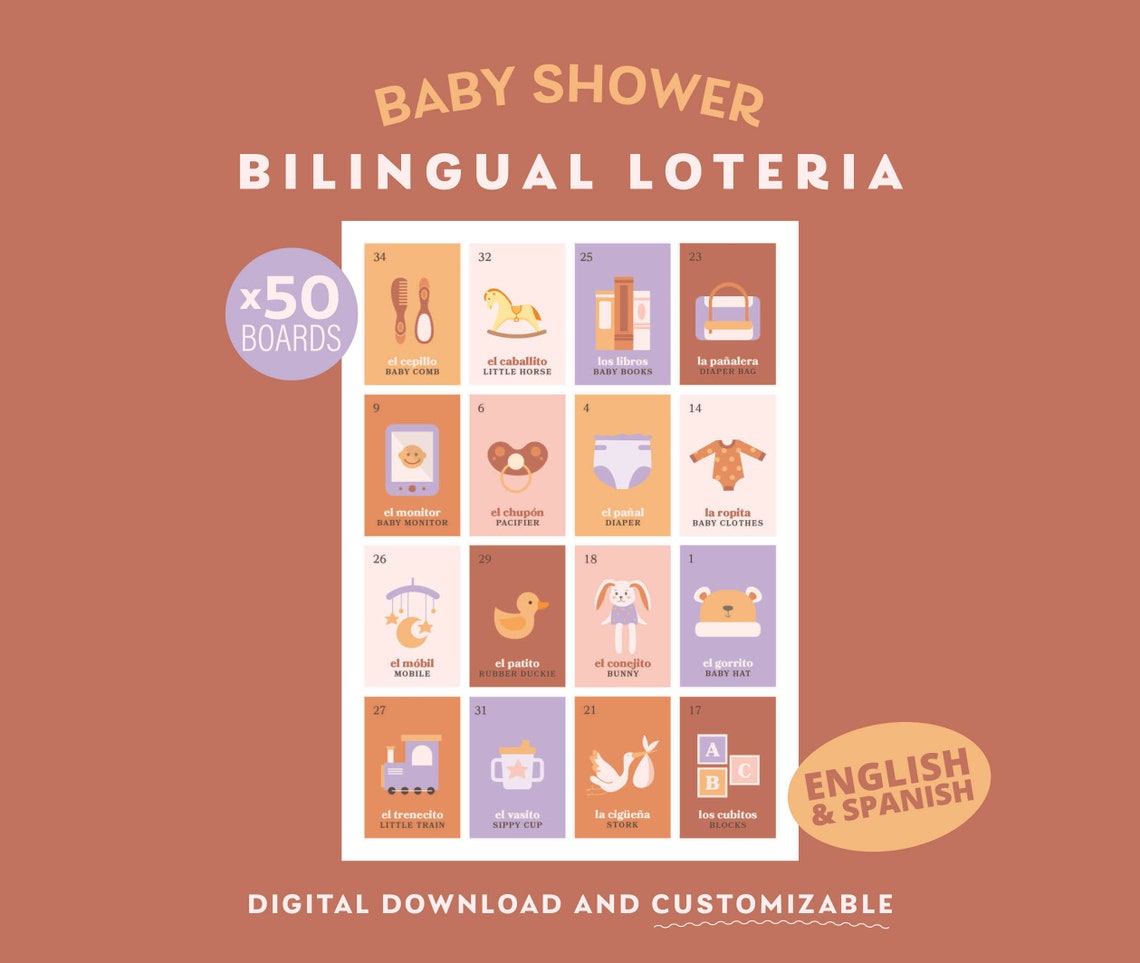 Customizable Bilingual Baby Shower Loteria Game (50 Players) (digital ...
