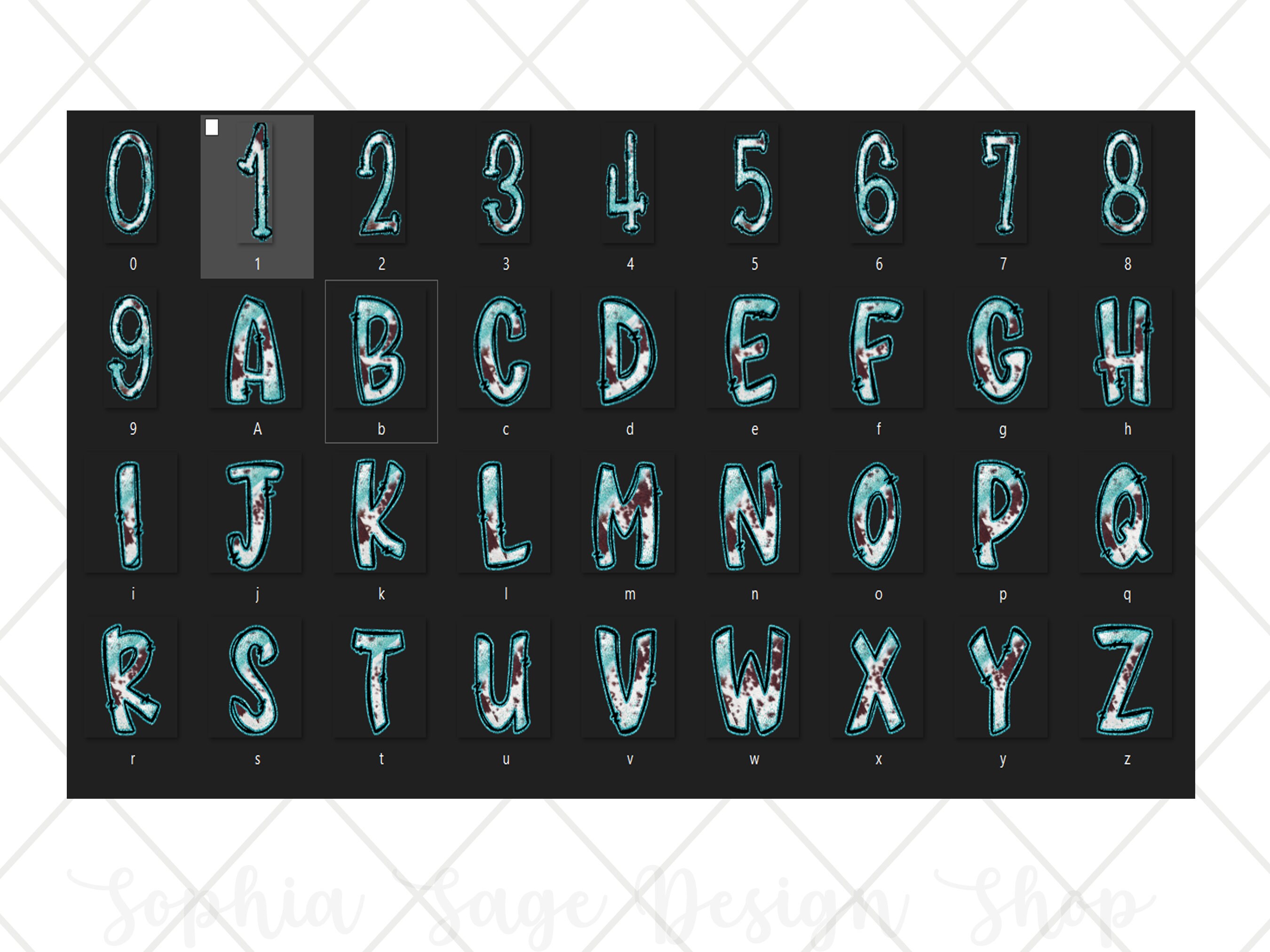 Western Cow Print Turquoise Alpha Doodle Set - Western PNG- Commercial ...