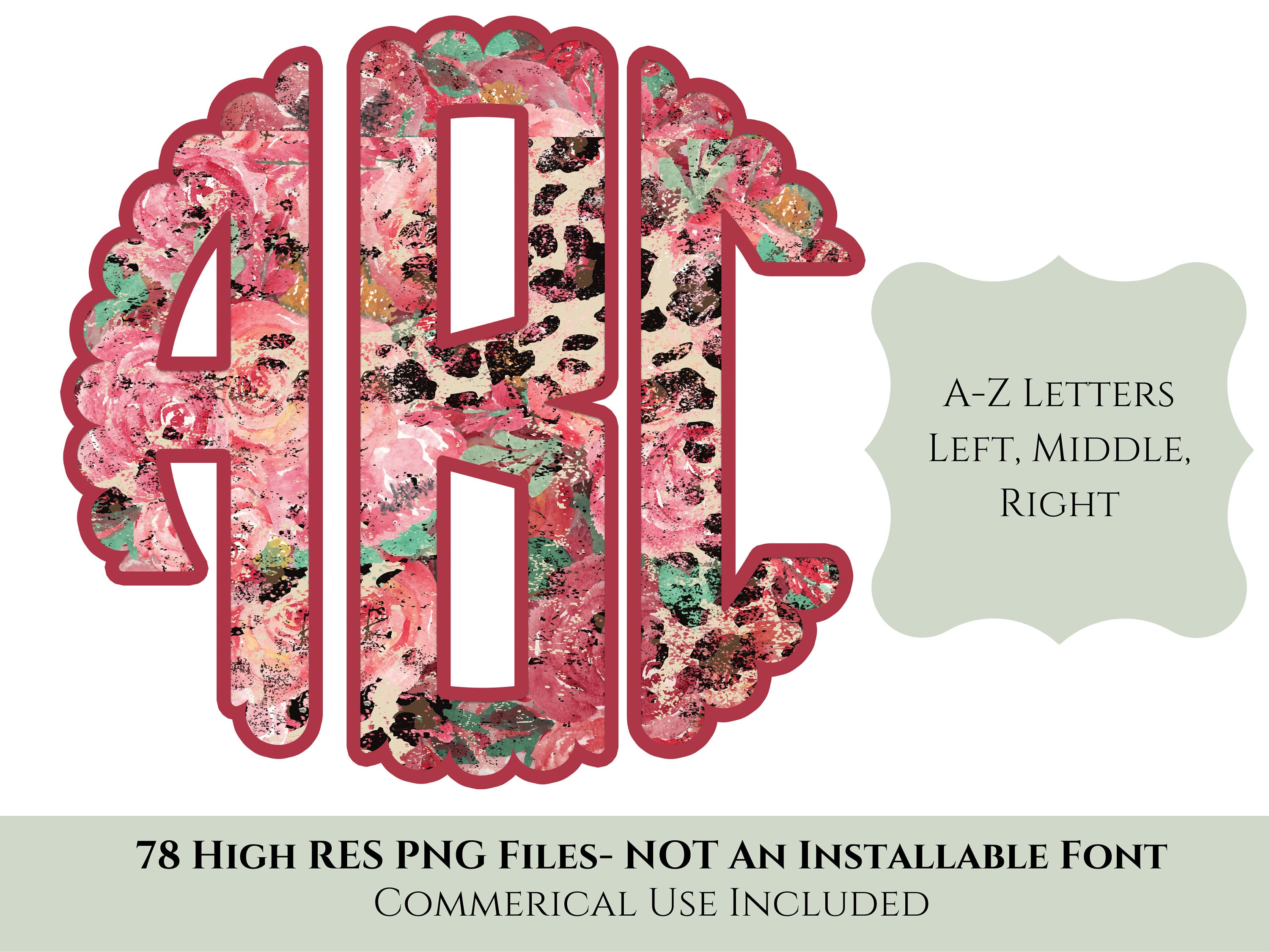 Pink Distressed Leopard Floral Monogram PNG Scallop Circle - Etsy