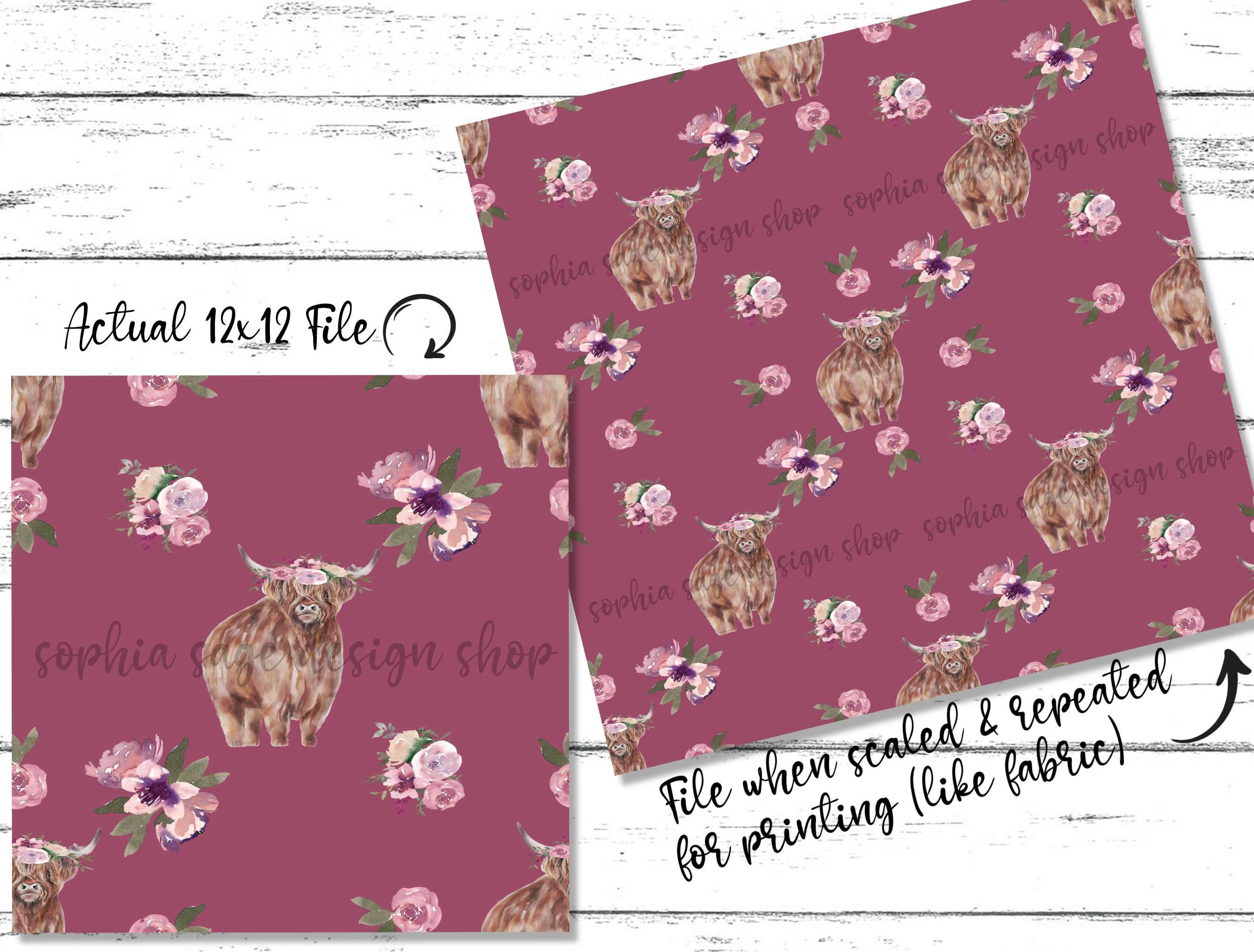 Floral Highland Cow Seamless Pattern Digital Paper Seamless File Bundle ...