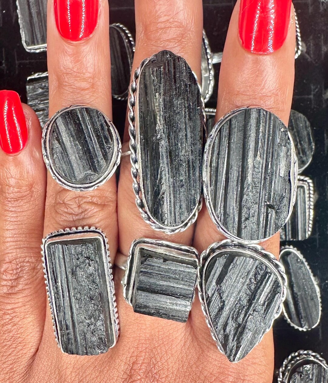 Raw Black Tourmaline Statement Ring - Adjustable - Silver Plated ...