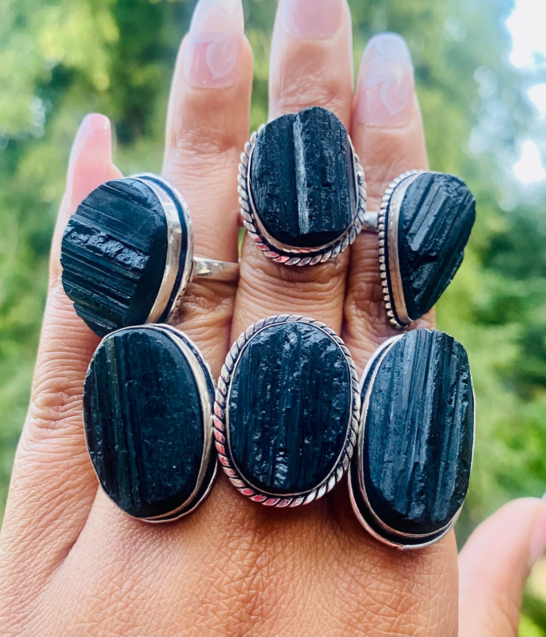 Raw Black Tourmaline Statement Ring Adjustable Silver Plated Protection ...