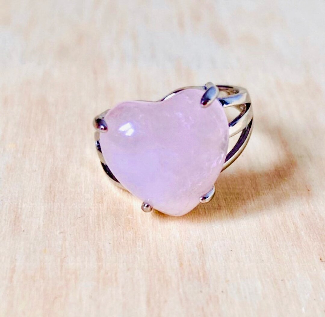 Gorgeous Heart Shaped Rose Quartz Statement Ring Adjustable Silver Plated Self Love, Compassion ...