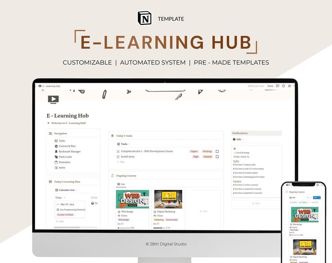 E-learning Hub Notion Template, Online Learning Tracker, Online Course Tracker, Course Planner ...