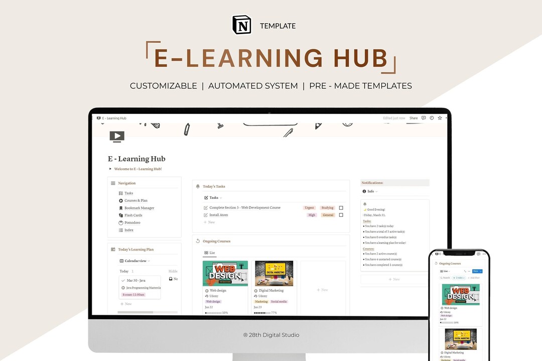 E-learning Hub Notion Template, Online Learning Tracker, Online Course Tracker, Course Planner ...