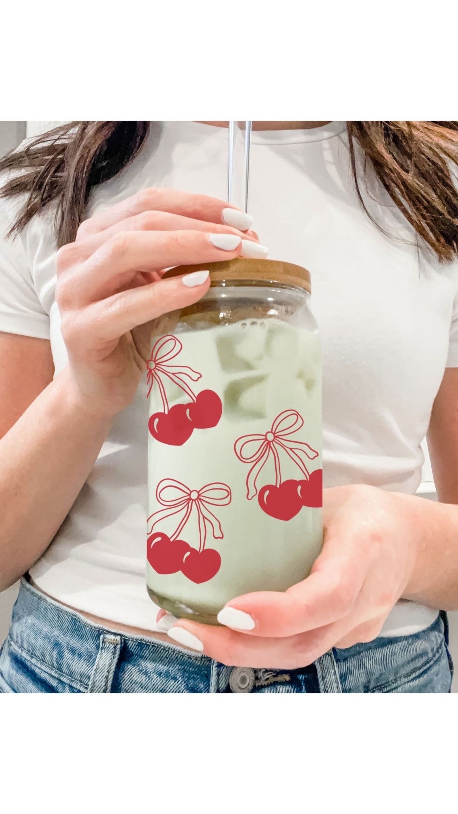 Red Cherries and Bows Glass Coffee Can Cup With Cherry Bow Ribbons as ...