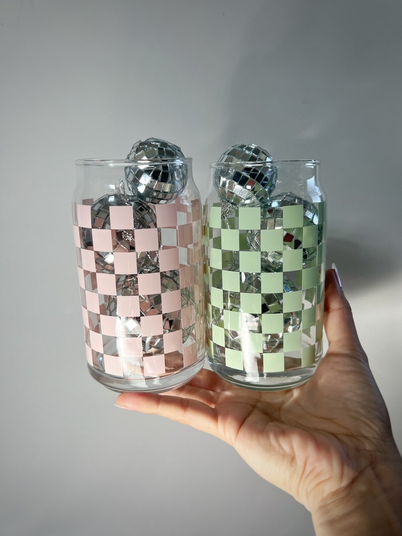 Checkered Glass Can | Glass Can Cup | Checkered Design | Checkered ...
