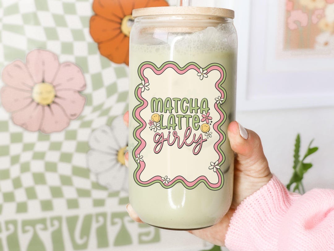 Matcha Latte Girly Pastel Glass Cup, Pink and Green Matcha Glass Cup ...