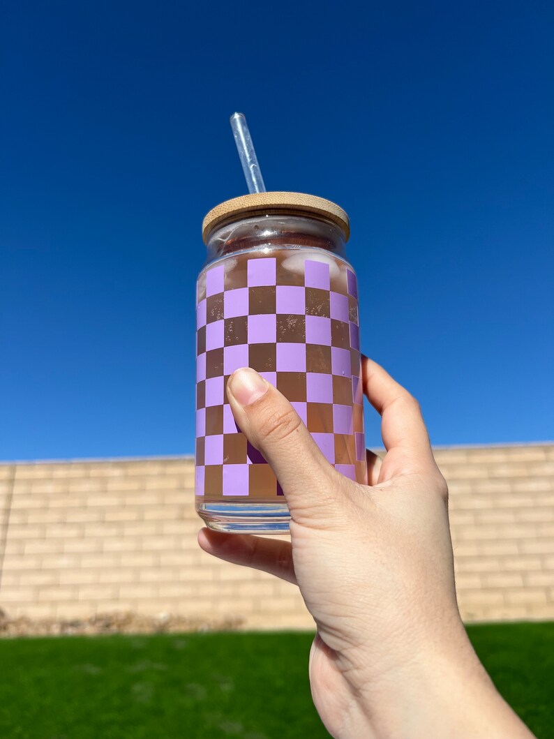 Checkered Glass Can | Glass Can Cup | Checkered Design | Checkered ...