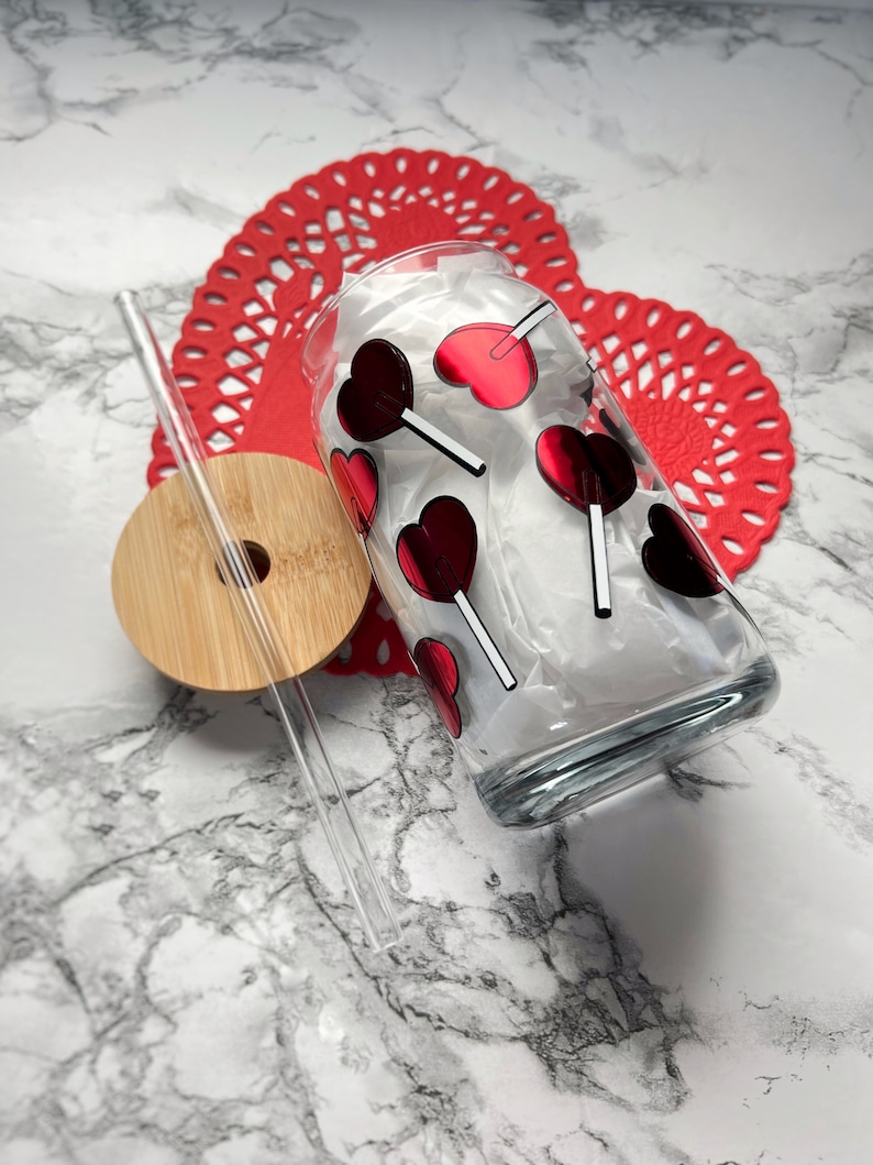 Red Holographic Heart Shaped Suckers Glass Can Cup With Cute Heart ...