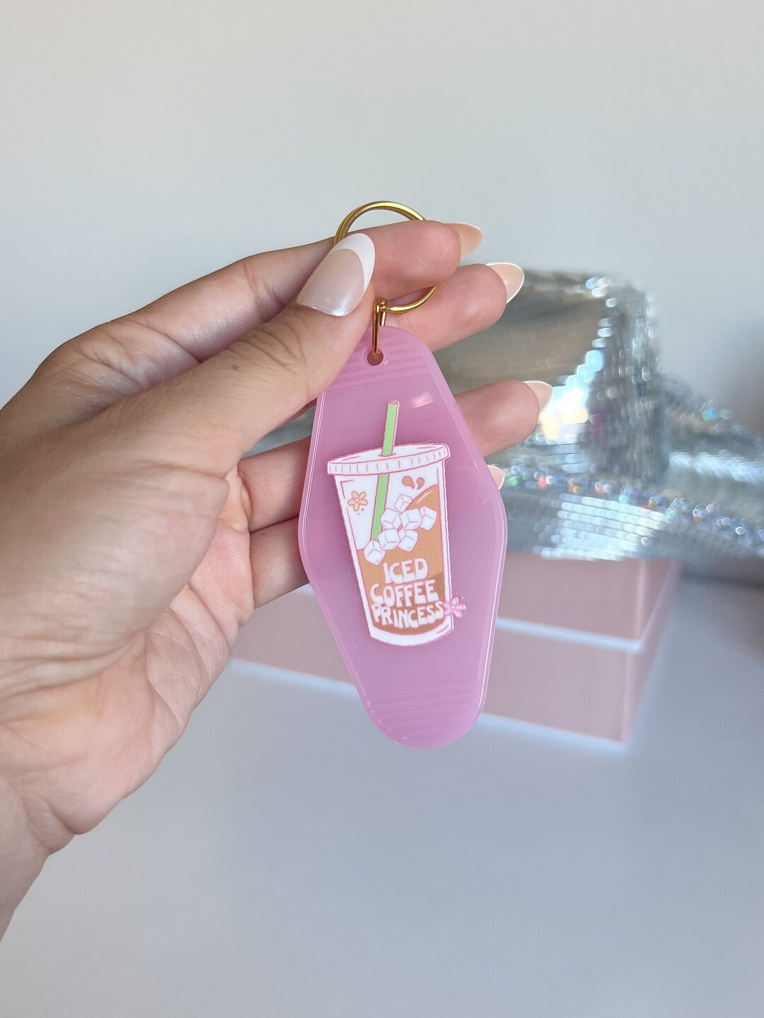Iced Coffee Princess Pink Keychain, Retro Motel Keychain, Cute Car Key ...