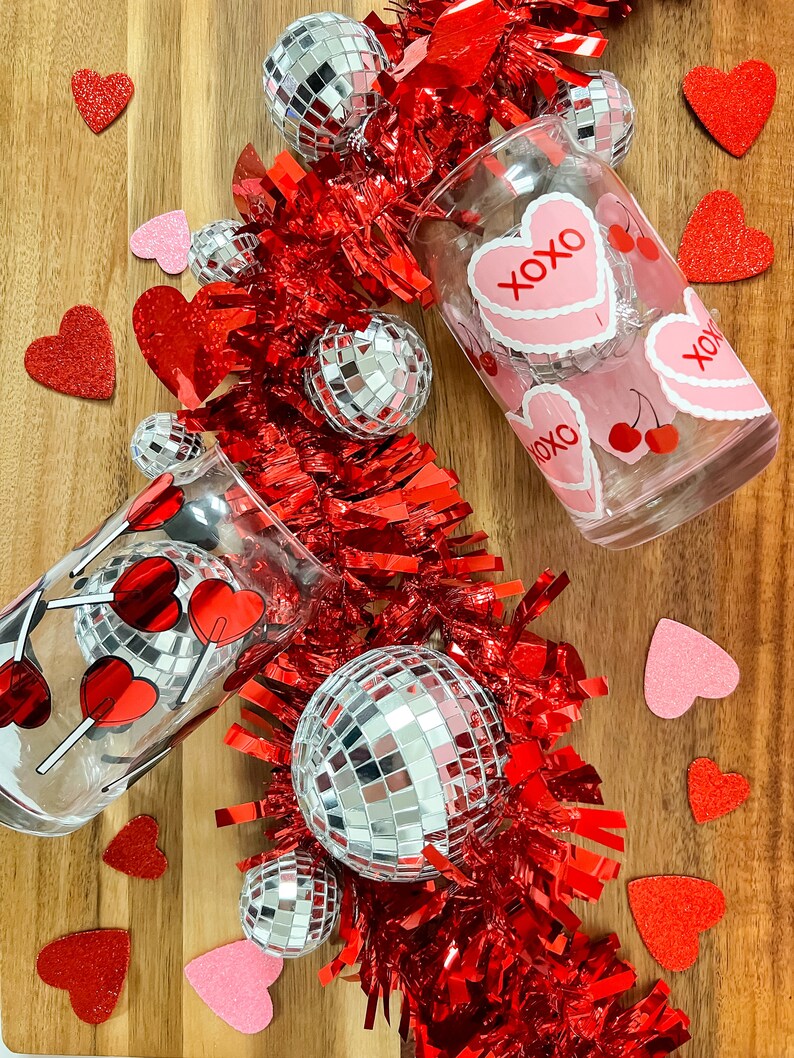 Red Holographic Heart Shaped Suckers Glass Can Cup With Cute Heart ...