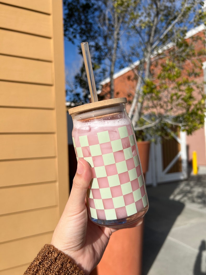 Checkered Glass Can | Glass Can Cup | Checkered Design | Checkered ...