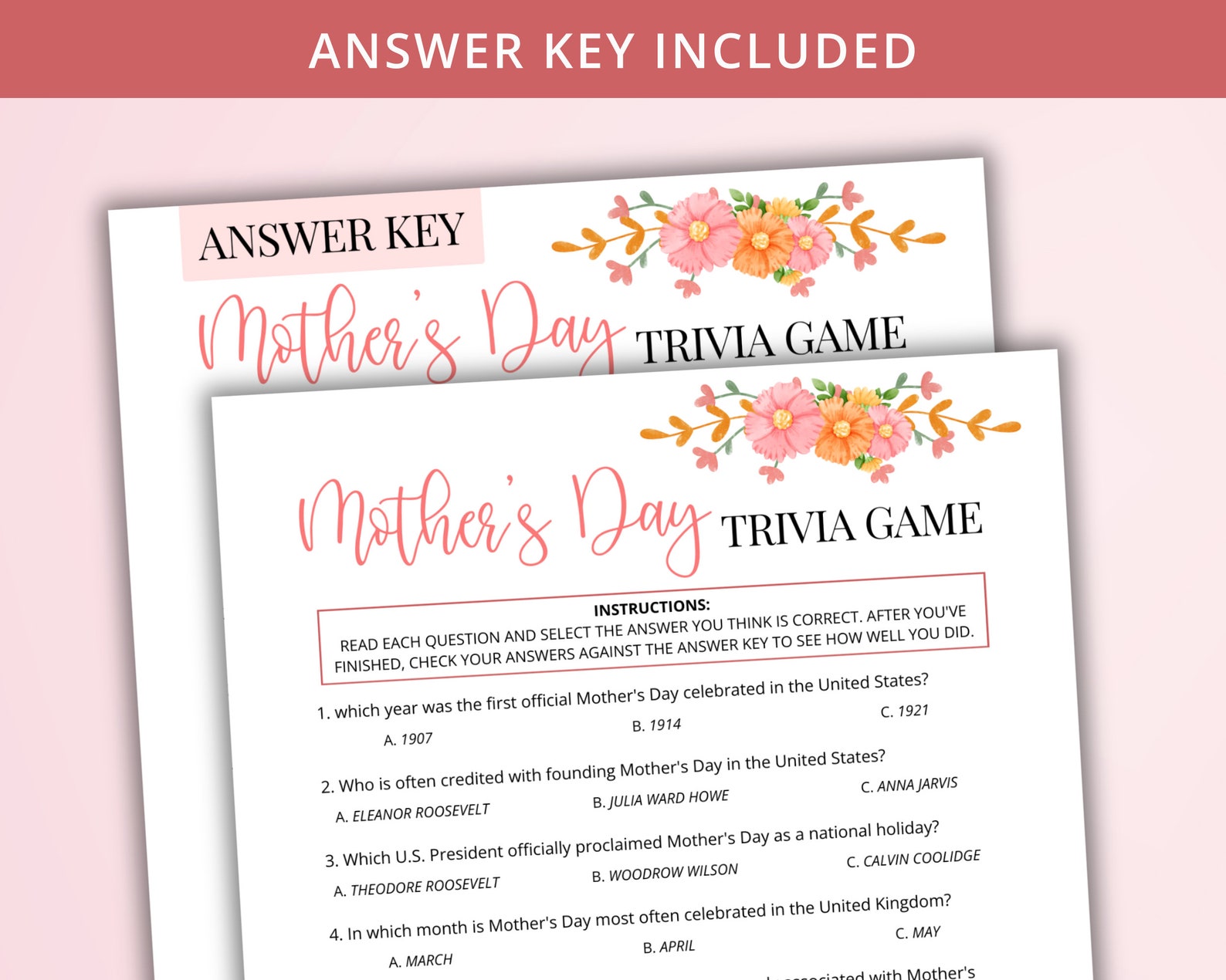 Mother's Day Trivia Game | Mom's Day Printable | Quiz for Adults and ...