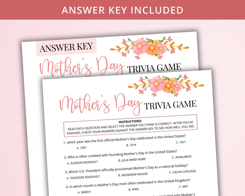 Mother's Day Trivia Game | Mom's Day Printable | Quiz for Adults and ...