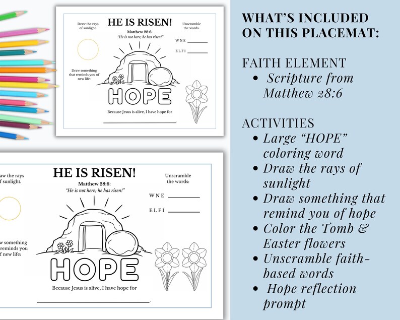 Christian Easter Placemat Printable | He is Risen Activity Mat | Easter ...